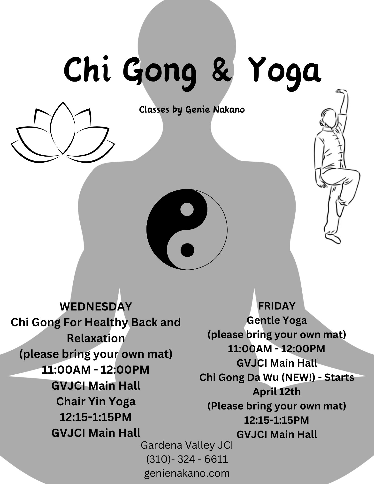 New Classes in Chi Gong and Yoga – Genie Nakano